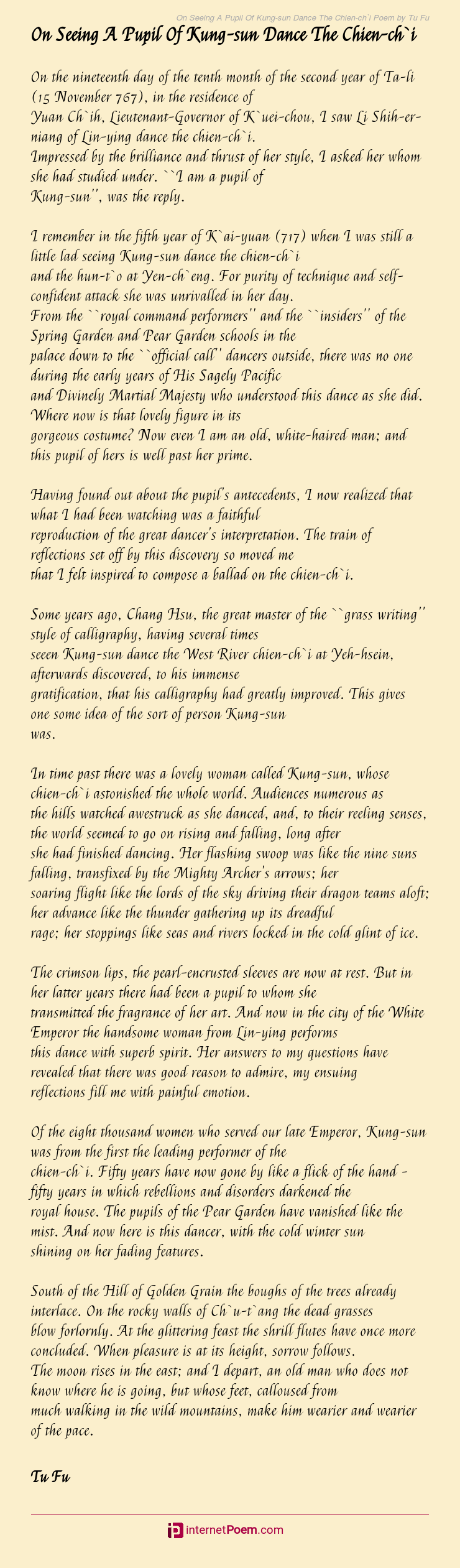 On Seeing A Pupil Of Kung-sun Dance The Chien-ch`i Poem by Tu Fu