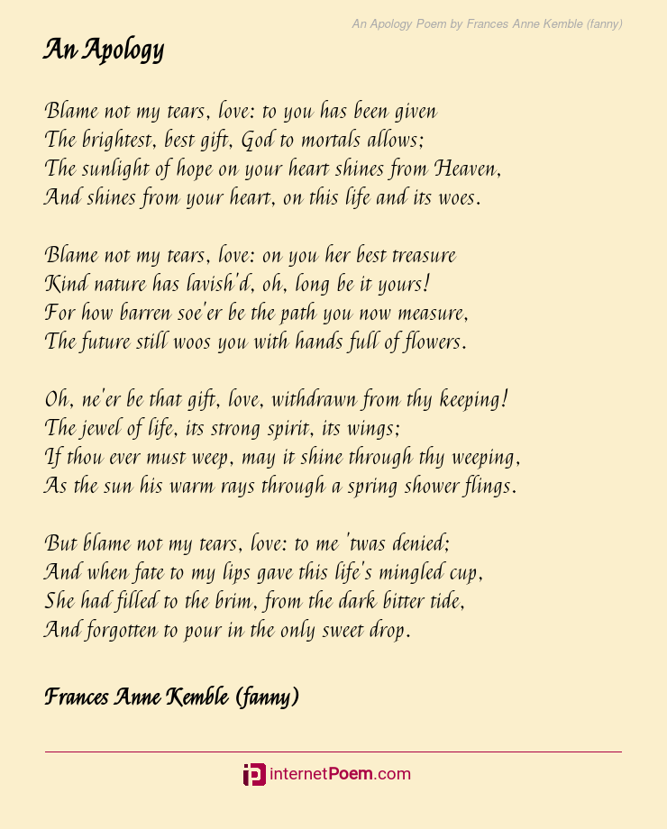 An Apology Poem by Frances Anne Kemble (fanny)