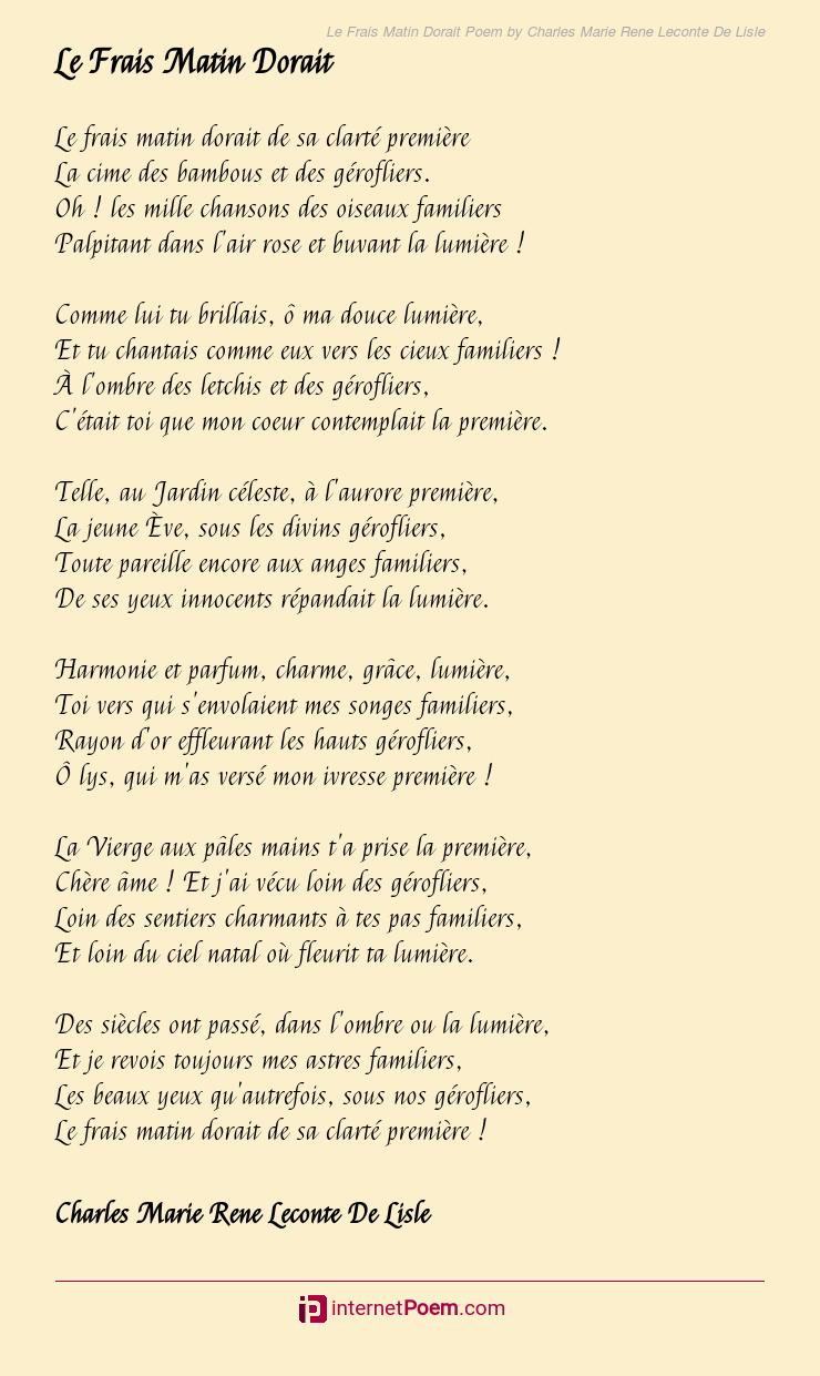 Le Frais Matin Dorait Poem by Charles Marie Rene Leconte De Lisle