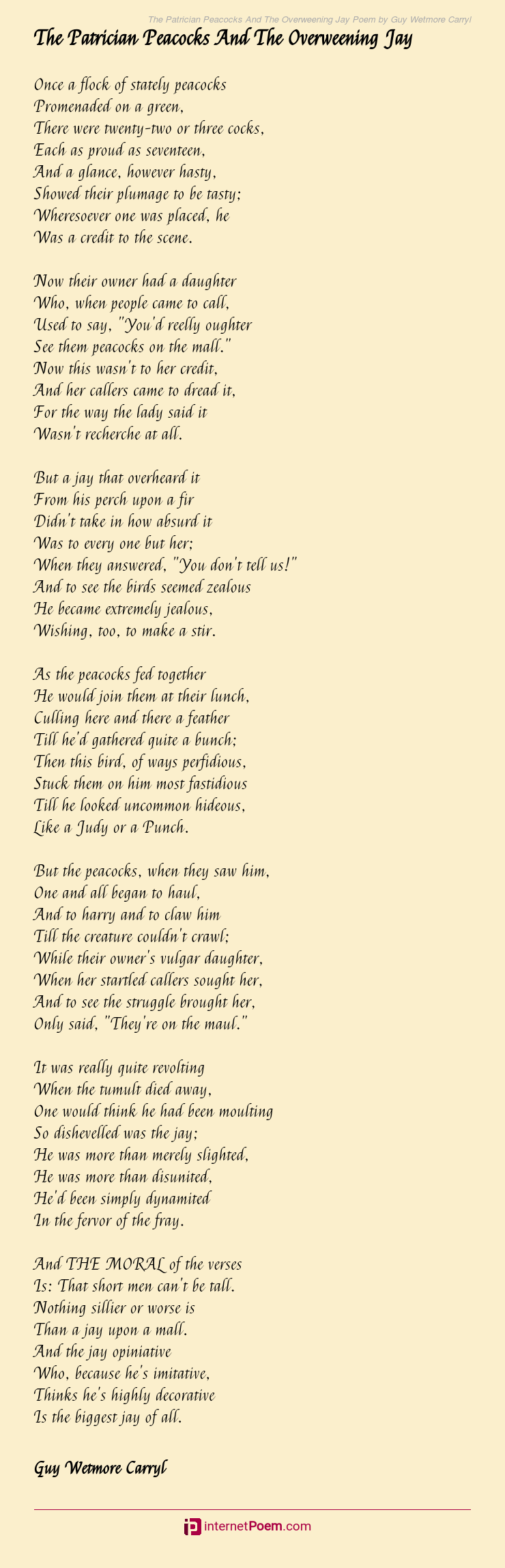 The Patrician Peacocks And The Overweening Jay Poem by Guy Wetmore Carryl