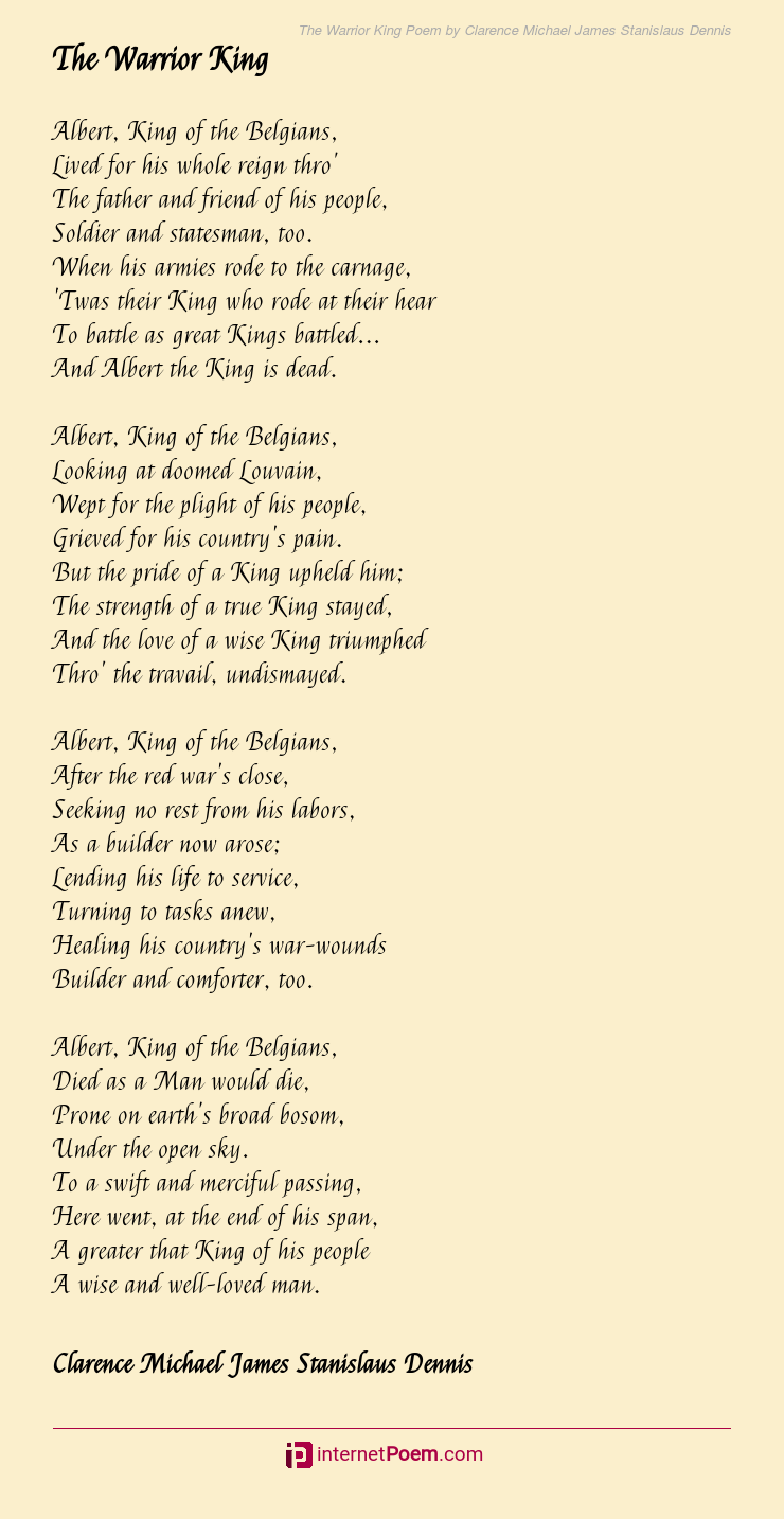 The Warrior King Poem by Clarence Michael James Stanislaus Dennis