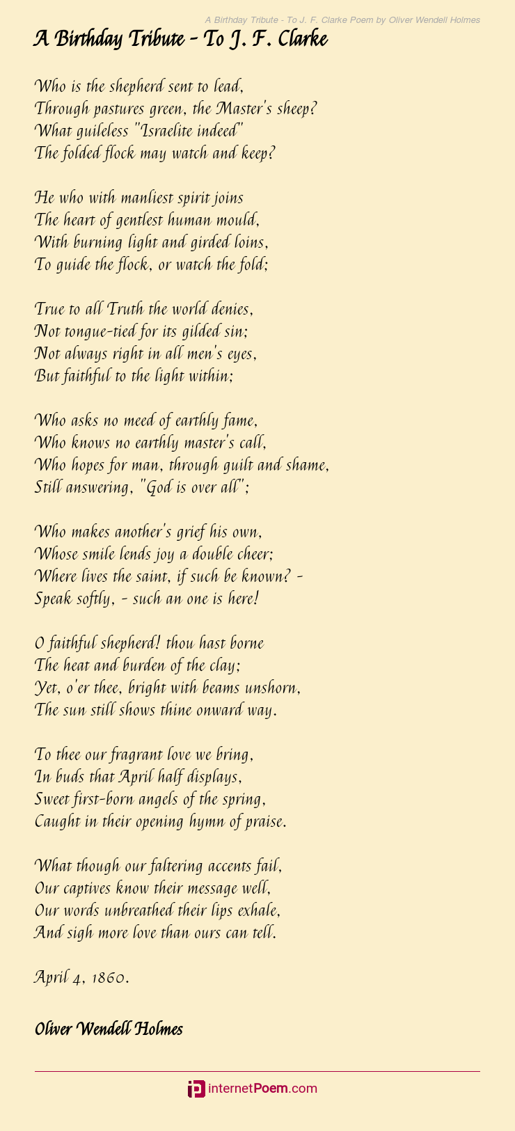 A Birthday Tribute - To J. F. Clarke Poem by Oliver Wendell Holmes