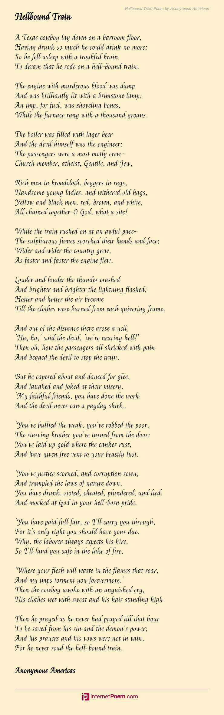 Hellbound Train Poem by Anonymous Americas