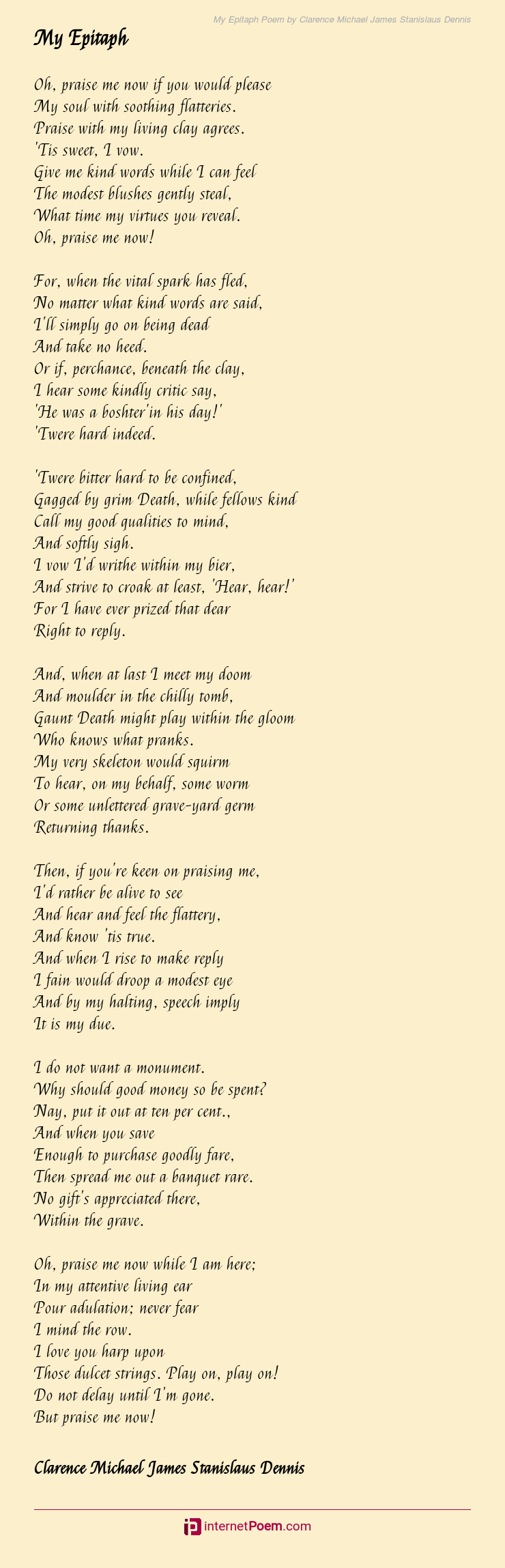 My Epitaph Poem by Clarence Michael James Stanislaus Dennis