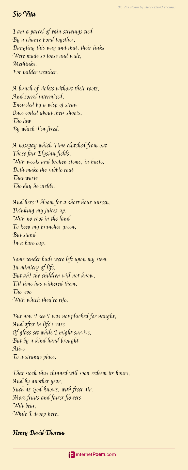 Sic Vita Poem by Henry David Thoreau