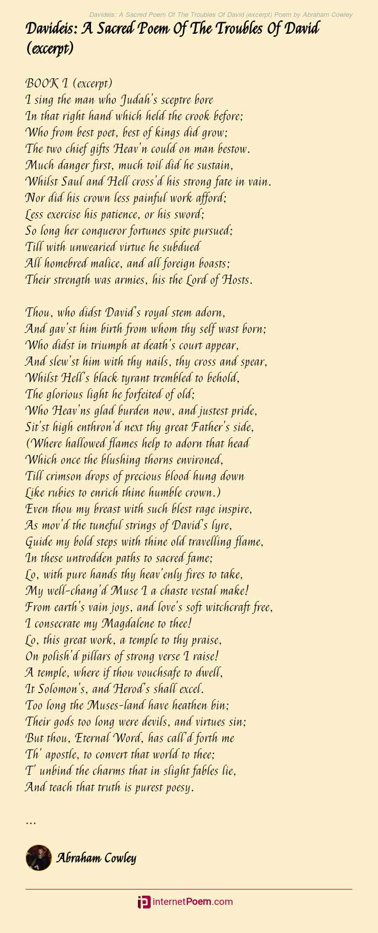 Davideis: A Sacred Poem Of The Troubles Of David (excerpt) Poem by ...