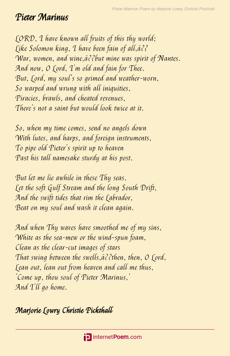 Pieter Marinus Poem by Marjorie Lowry Christie Pickthall