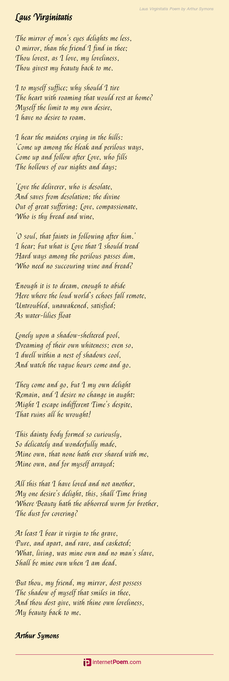 Laus Virginitatis Poem by Arthur Symons