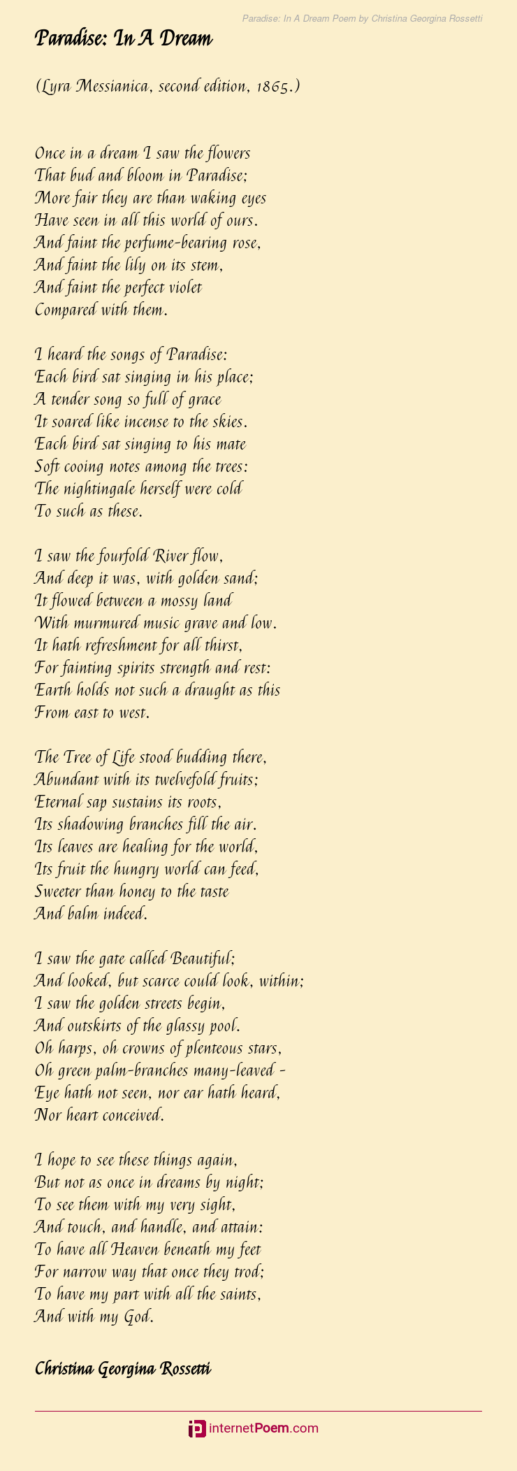 Paradise: In A Dream Poem by Christina Georgina Rossetti