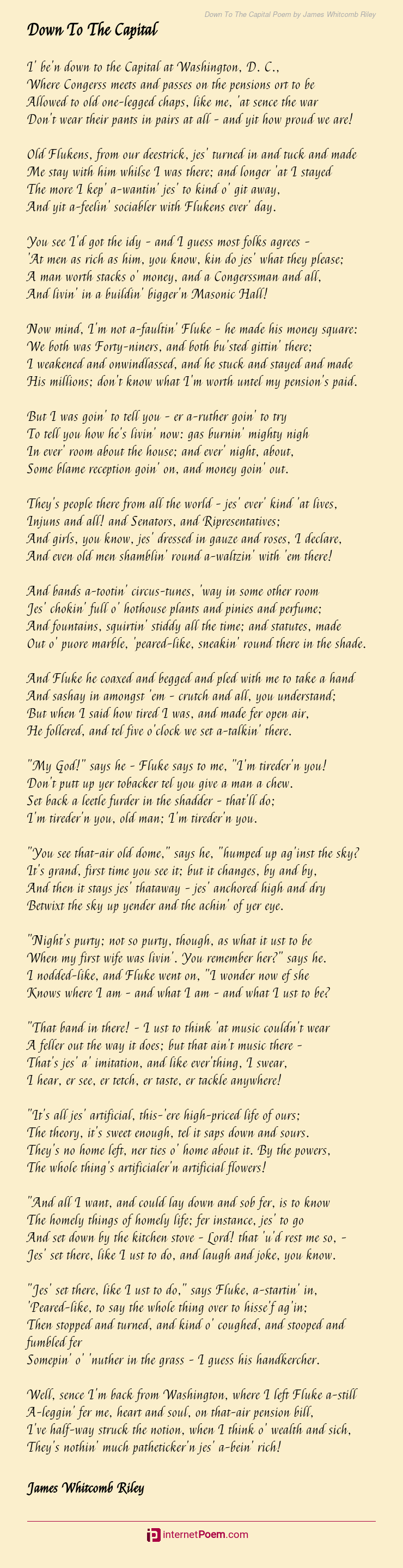 Down To The Capital Poem by James Whitcomb Riley