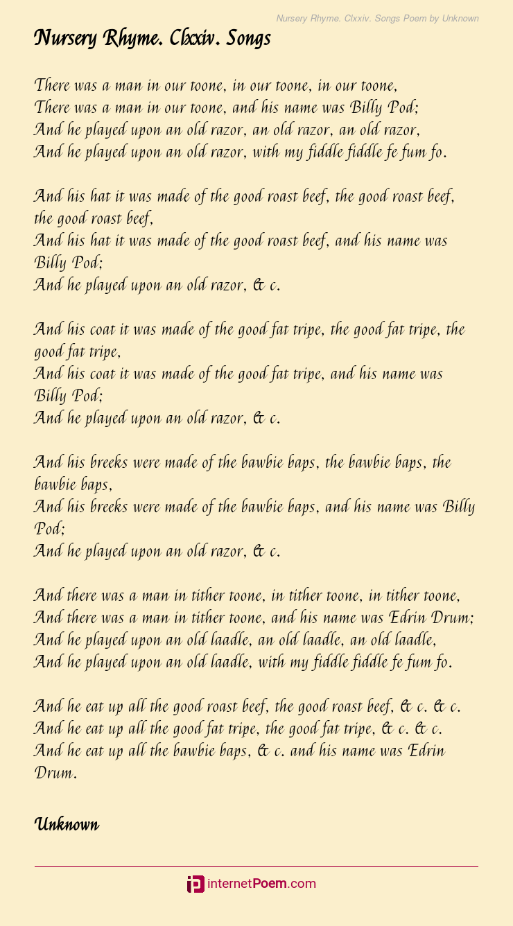 Nursery Rhyme. Clxxiv. Songs Poem by Unknown