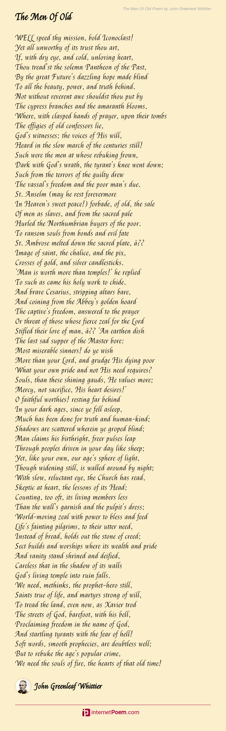 The Men Of Old Poem by John Greenleaf Whittier