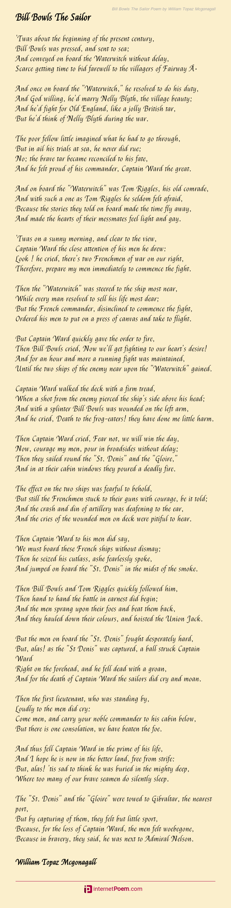 Bill Bowls The Sailor Poem by William Topaz Mcgonagall