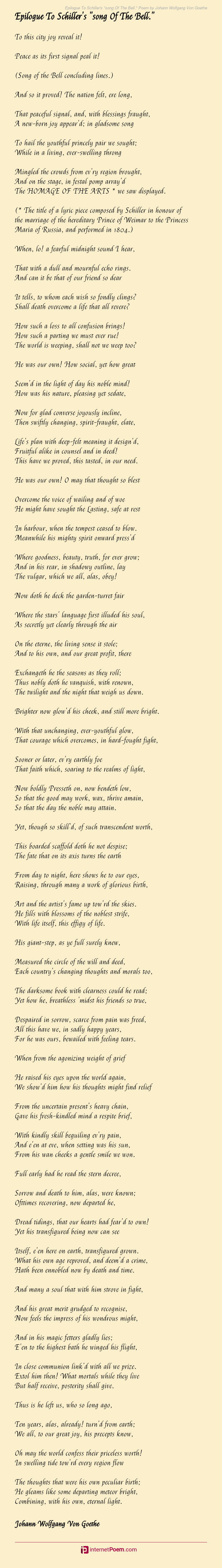 Epilogue To Schiller's "song Of The Bell." Poem by Johann Wolfgang Von ...