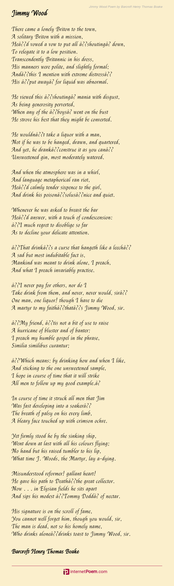 Jimmy Wood Poem by Barcroft Henry Thomas Boake