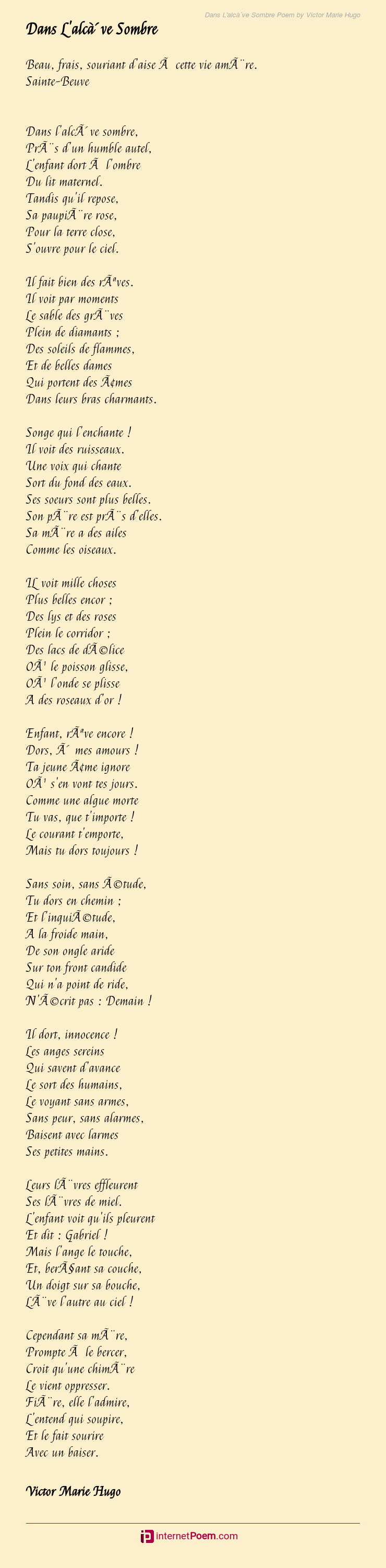 Dans L'alcà´ve Sombre Poem by Victor Marie Hugo