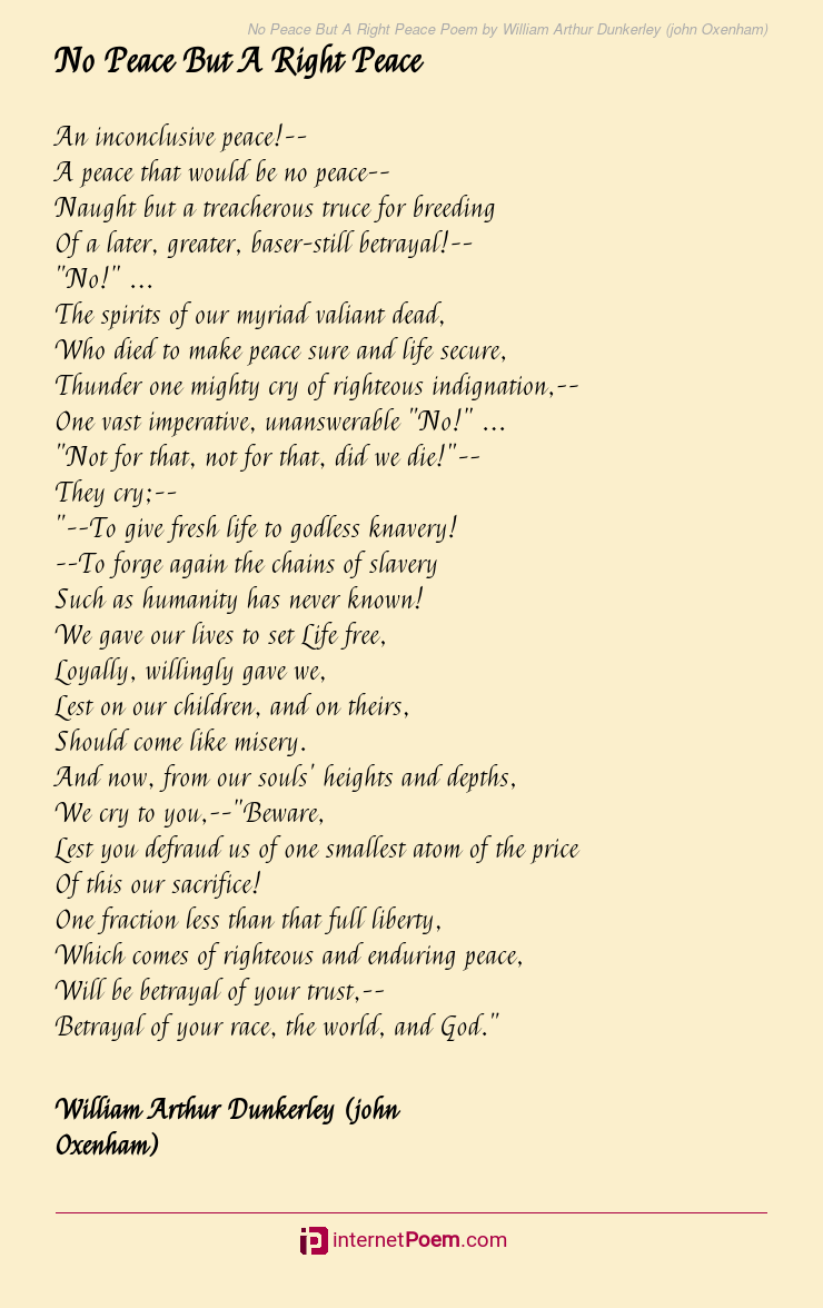 No Peace But A Right Peace Poem by William Arthur Dunkerley (john Oxenham)