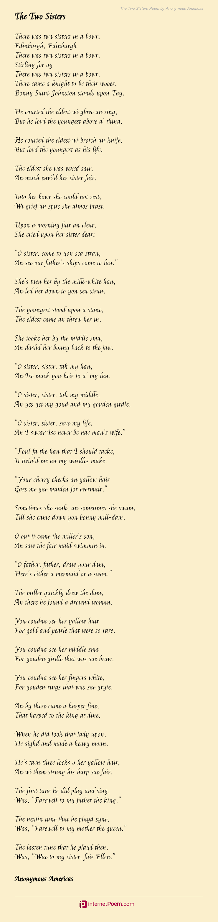 The Two Sisters Poem by Anonymous Americas