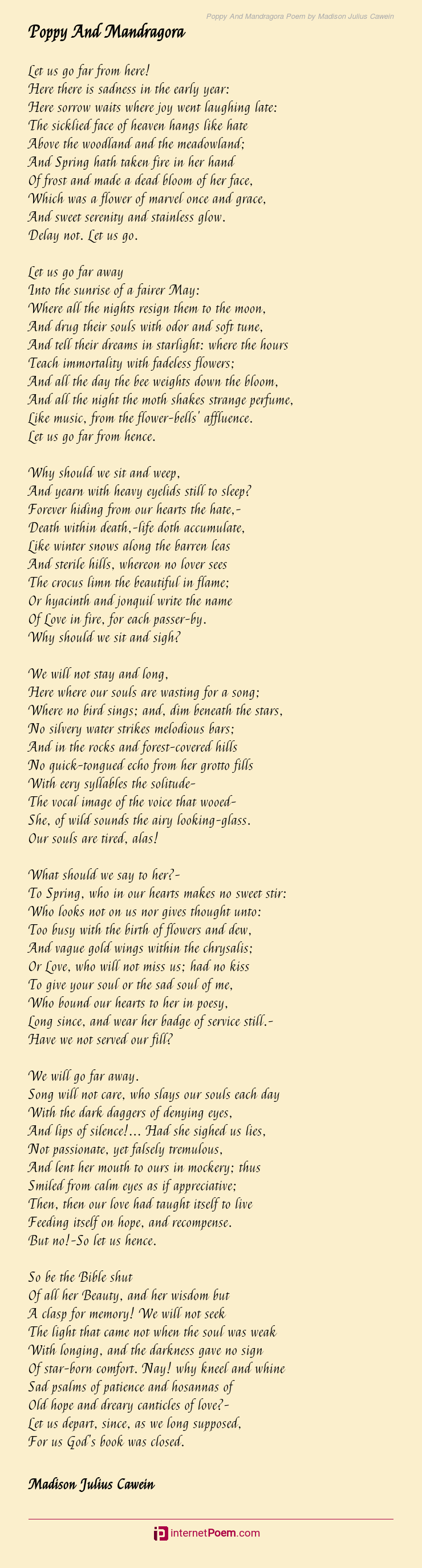 Poppy And Mandragora Poem by Madison Julius Cawein