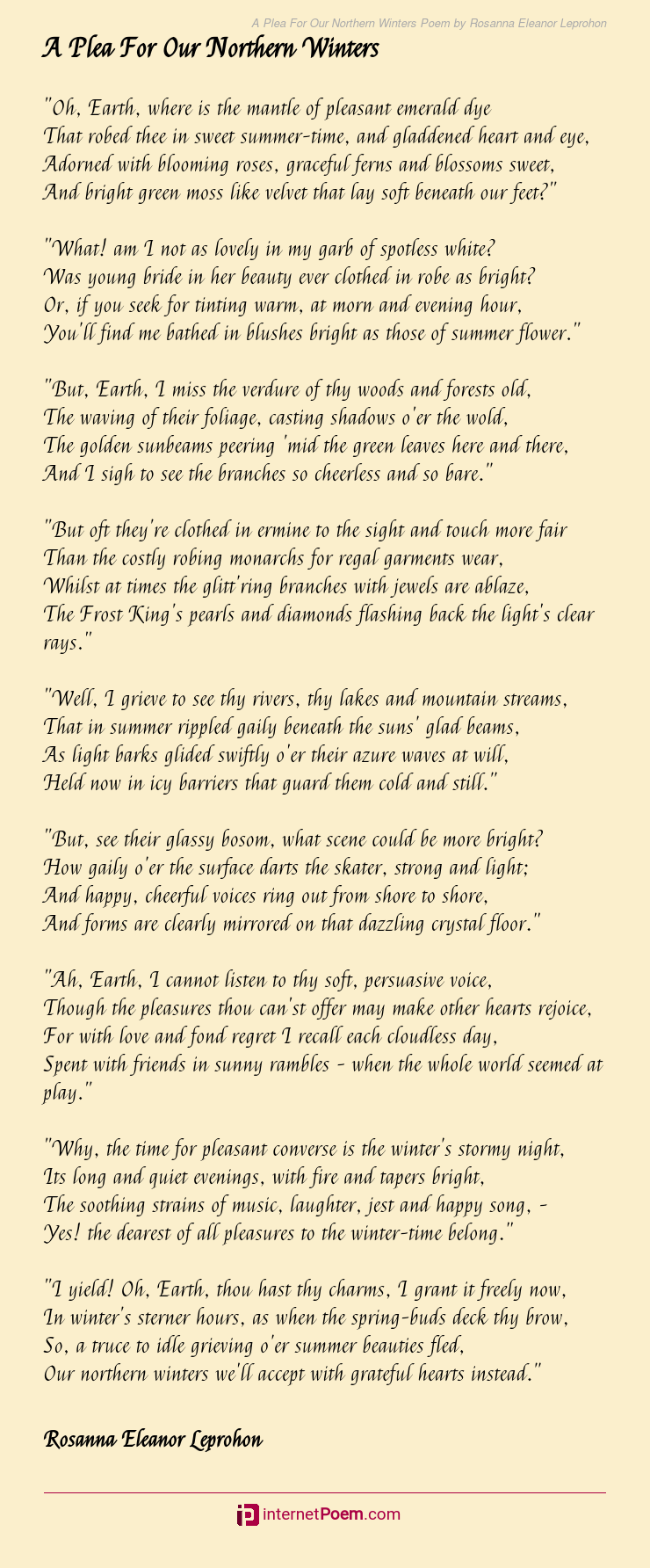 A Plea For Our Northern Winters Poem by Rosanna Eleanor Leprohon
