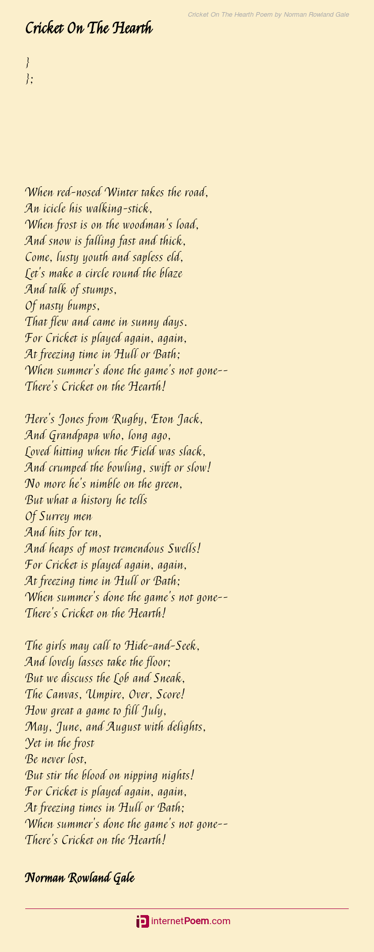 Cricket On The Hearth Poem by Norman Rowland Gale