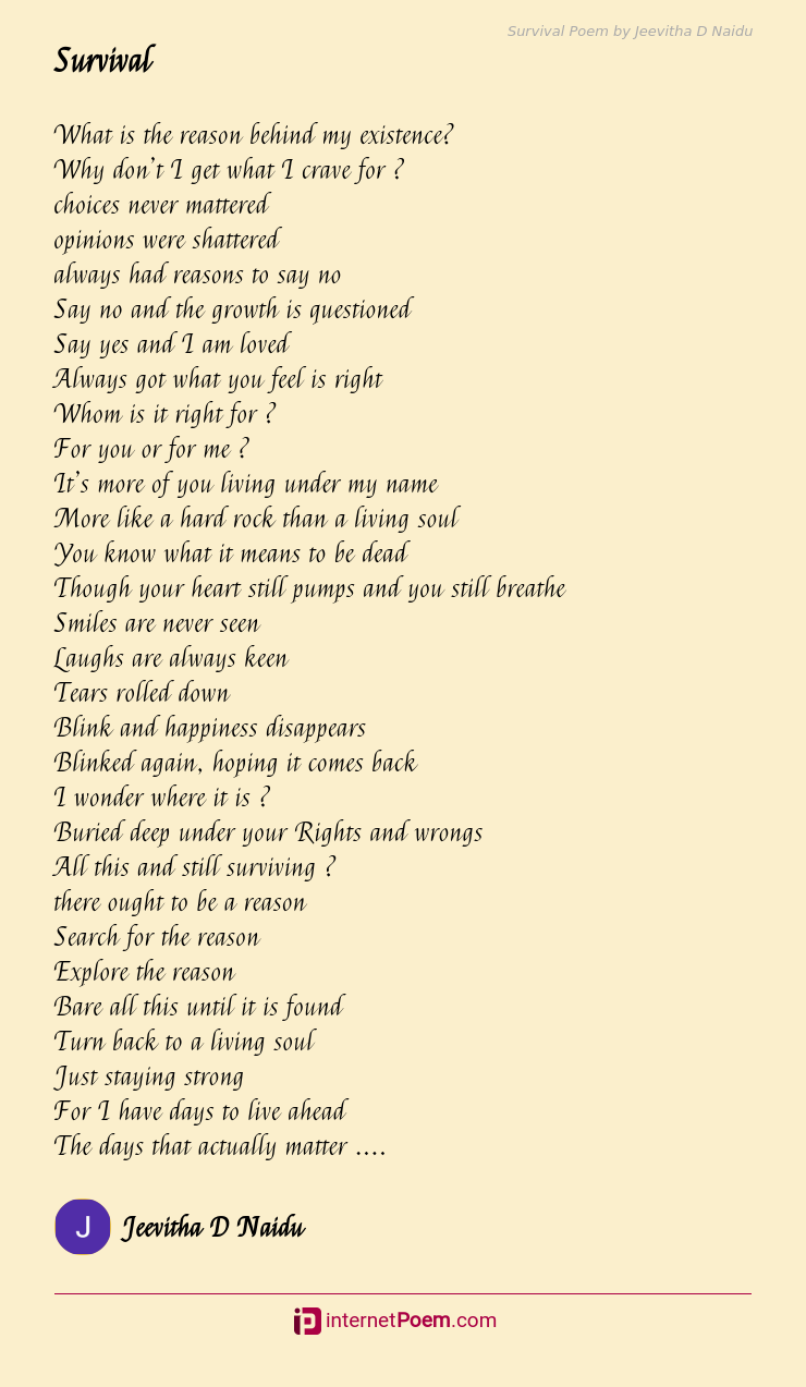 Survival Poem by Jeevitha D Naidu