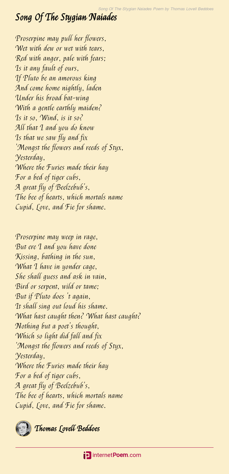 Song Of The Stygian Naiades Poem by Thomas Lovell Beddoes