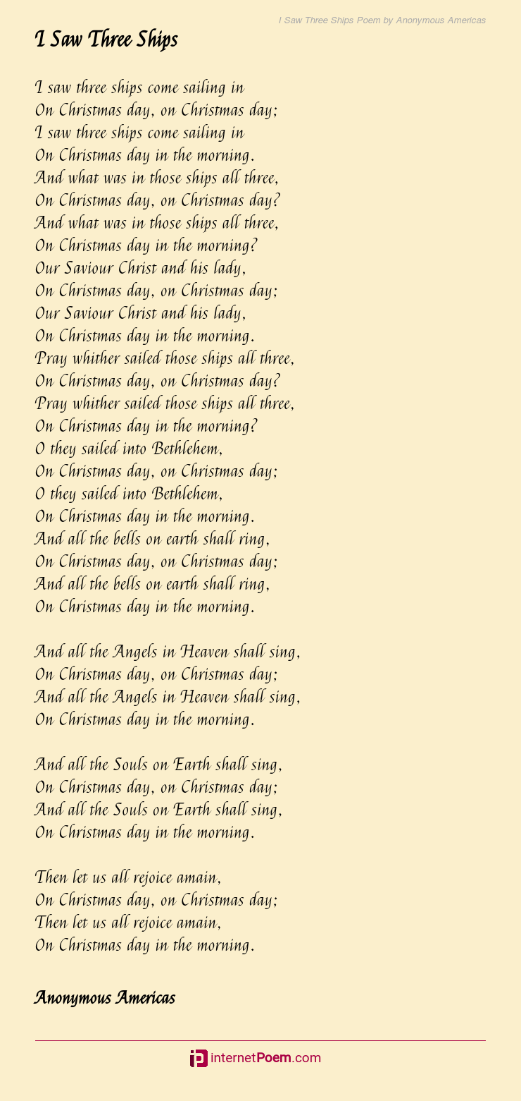 I Saw Three Ships Poem by Anonymous Americas