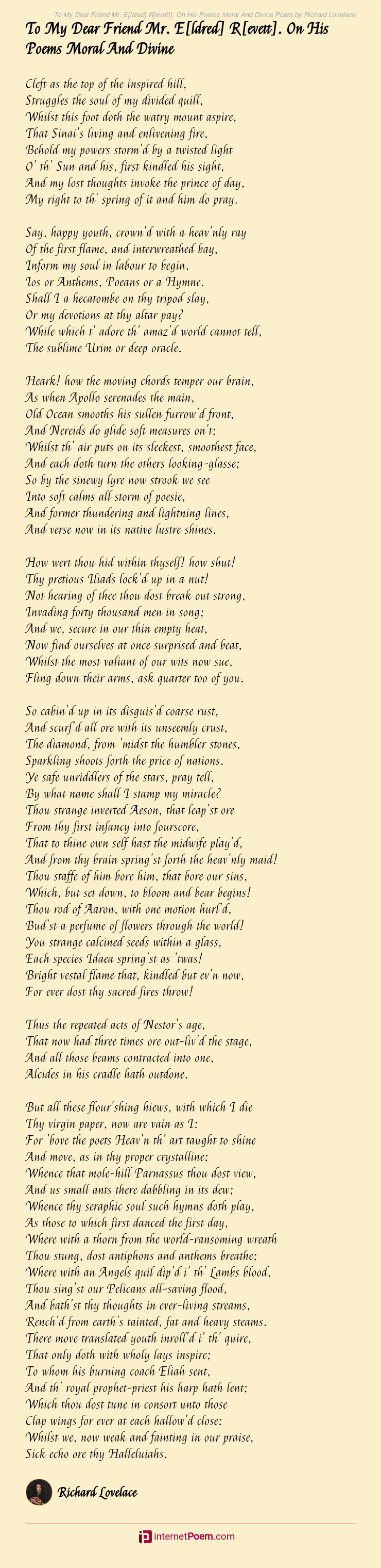 To My Dear Friend Mr. E[ldred] R[evett]. On His Poems Moral And Divine ...