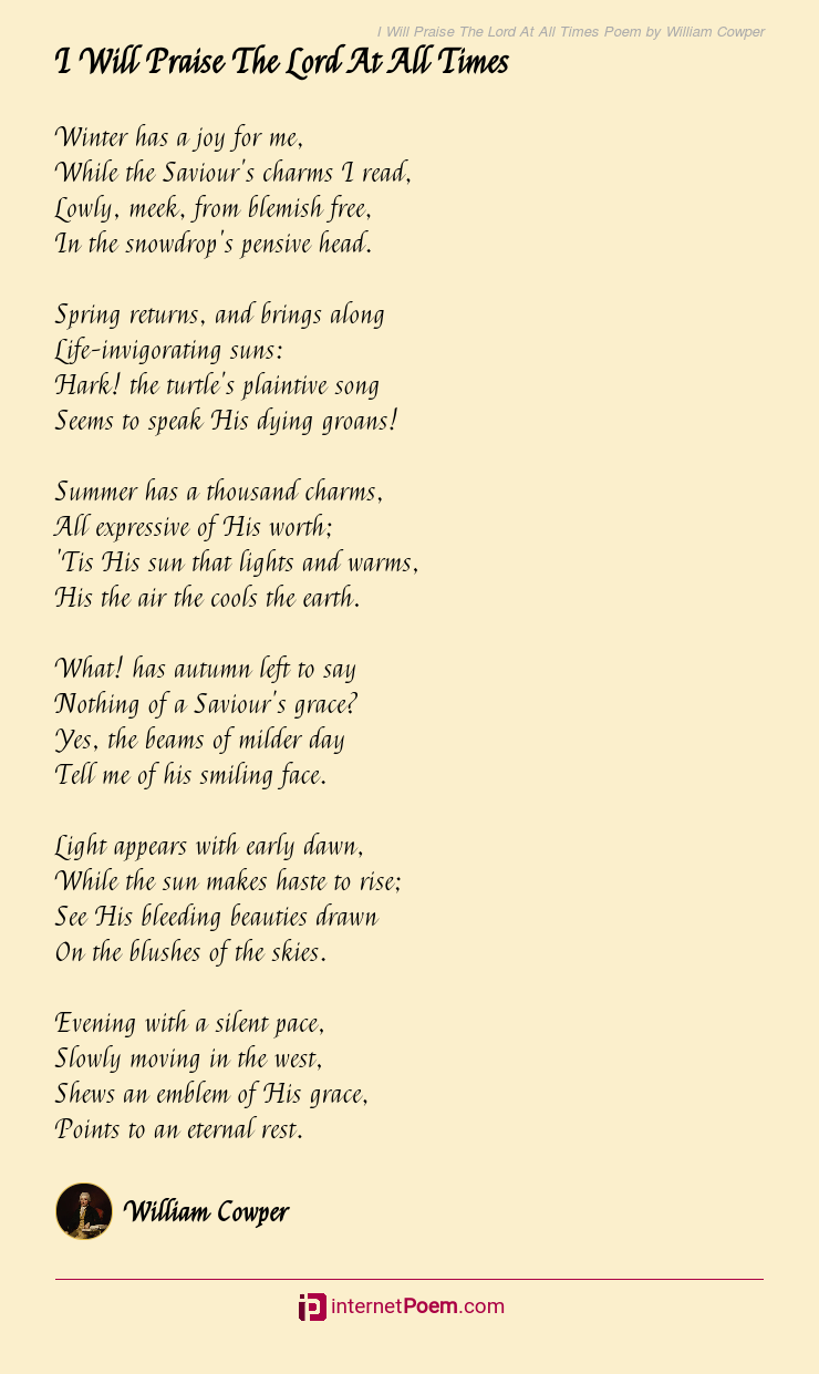 I Will Praise The Lord At All Times Poem by William Cowper