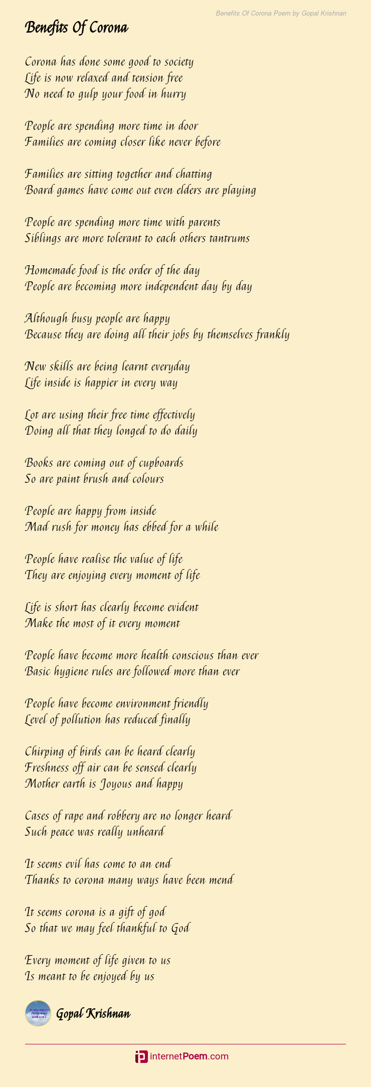 Benefits Of Corona Poem by Gopal Krishnan