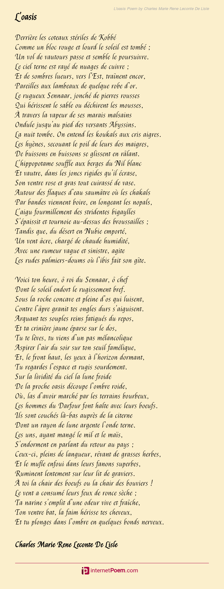 L'oasis Poem by Charles Marie Rene Leconte De Lisle