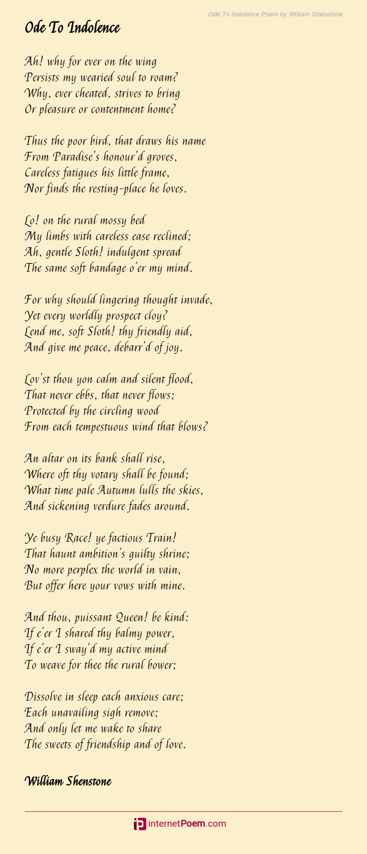 Ode To Indolence Poem by William Shenstone