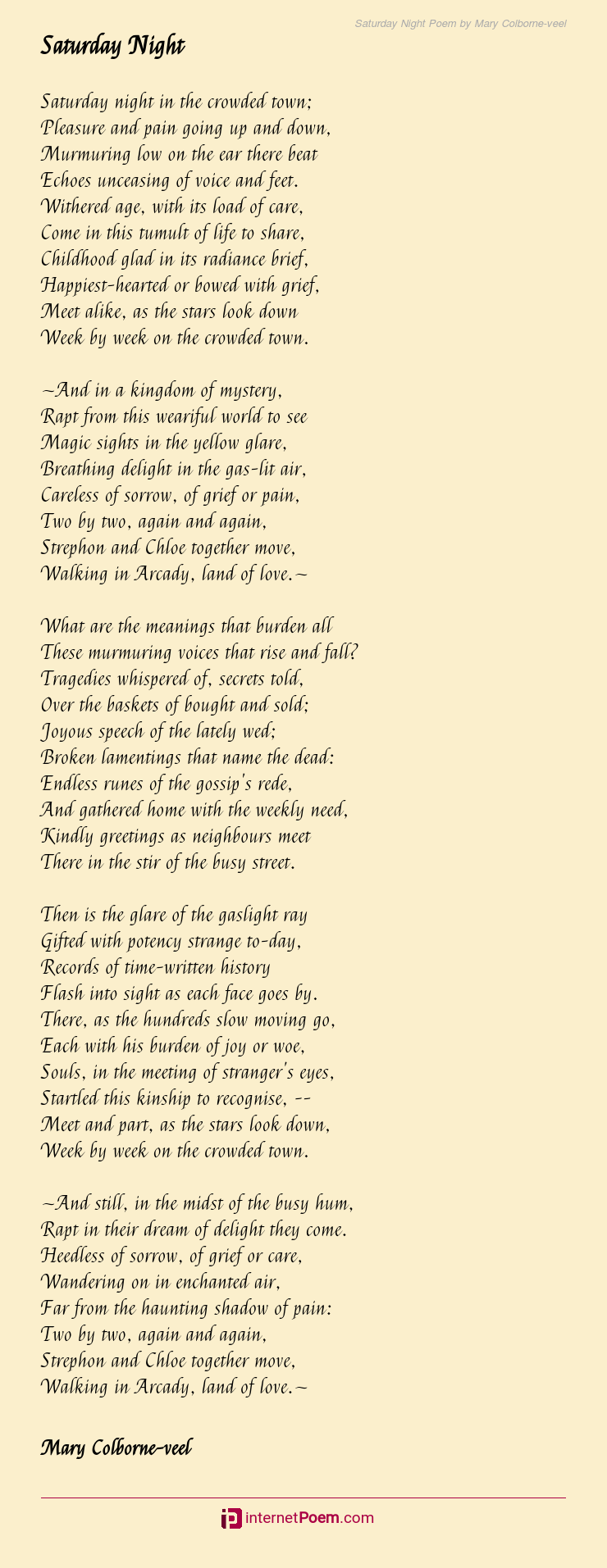 Saturday Night Poem by Mary Colborne-veel