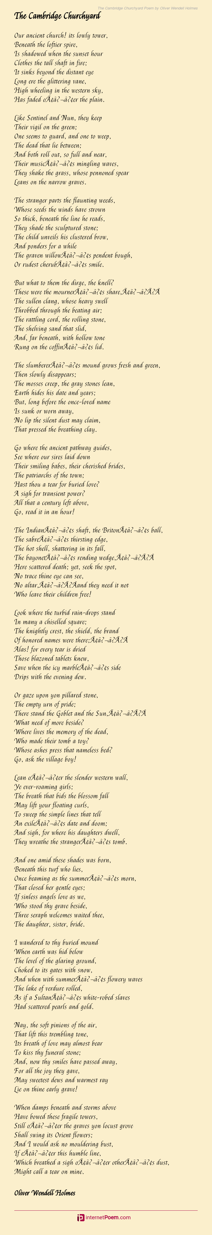 The Cambridge Churchyard Poem by Oliver Wendell Holmes