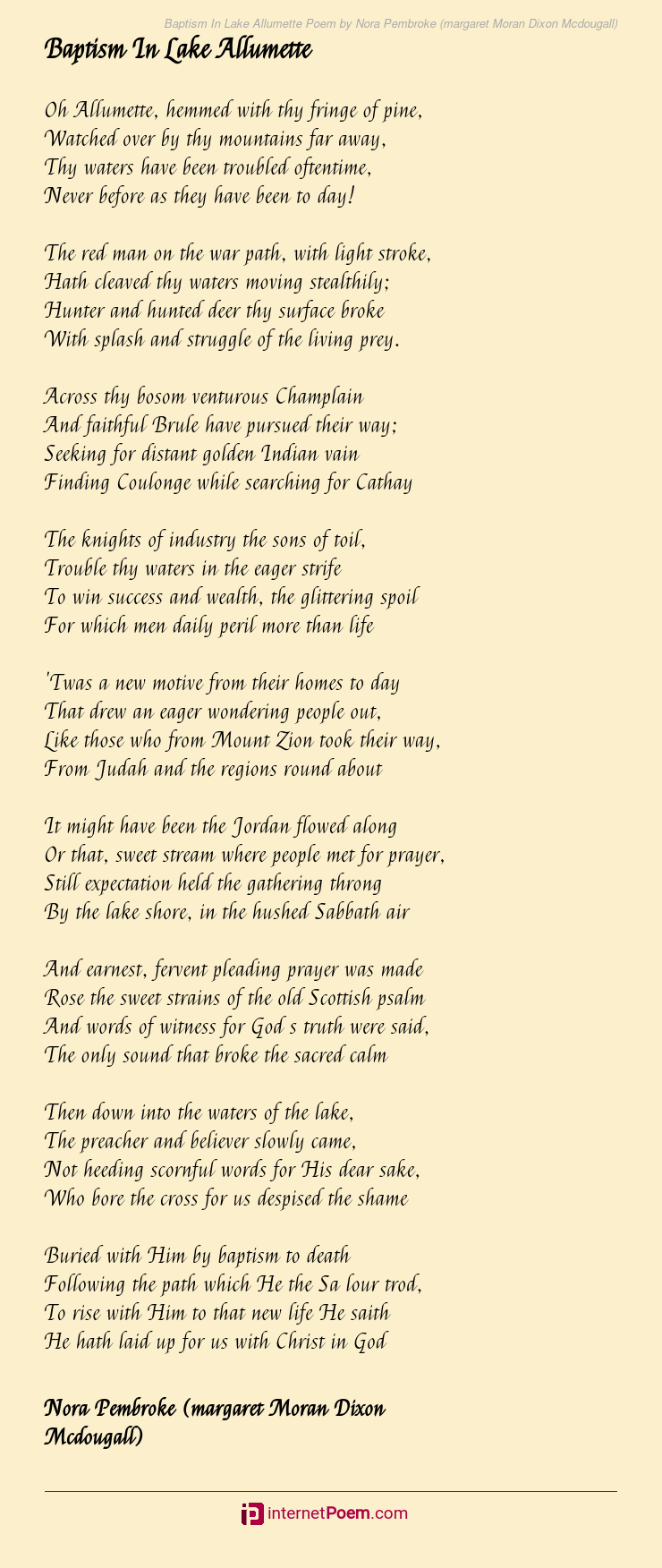 Baptism In Lake Allumette Poem by Nora Pembroke (margaret Moran Dixon ...