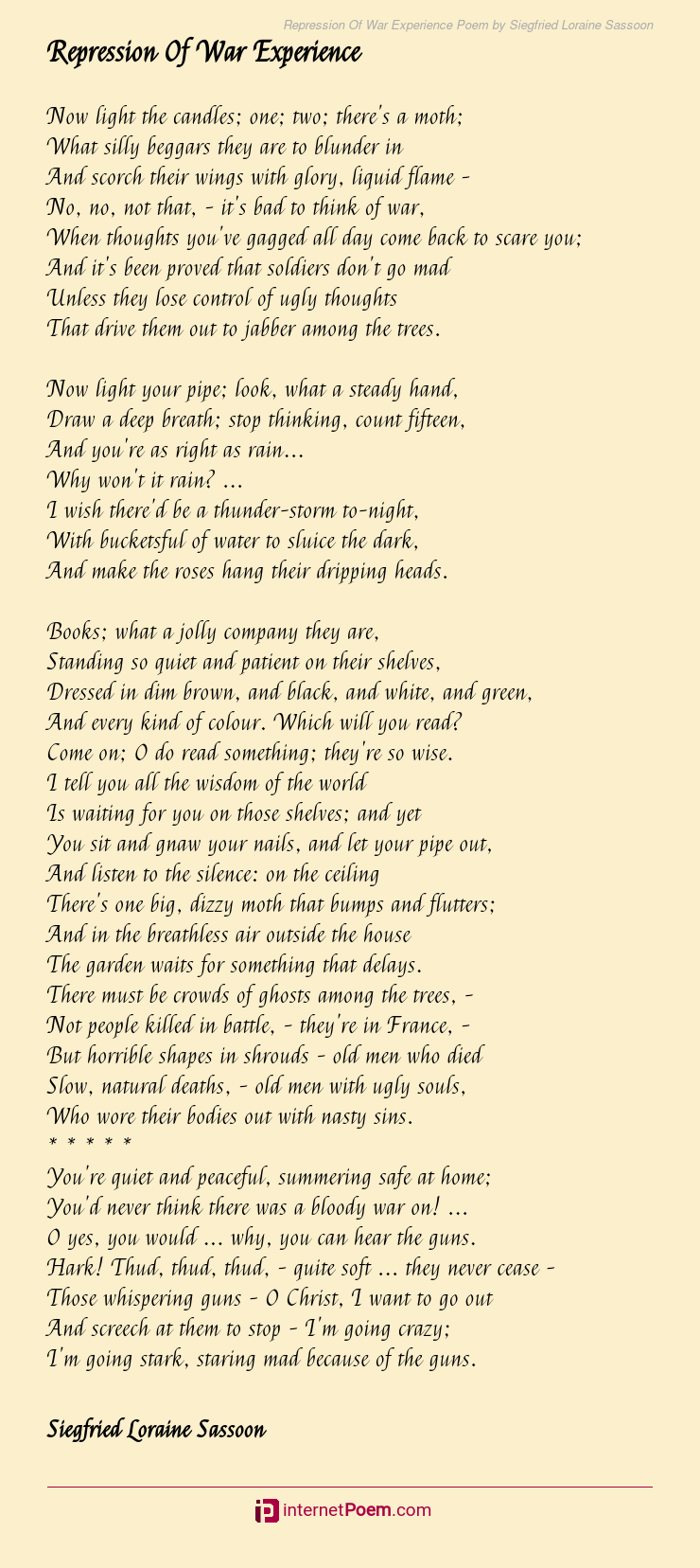 Repression Of War Experience Poem by Siegfried Loraine Sassoon