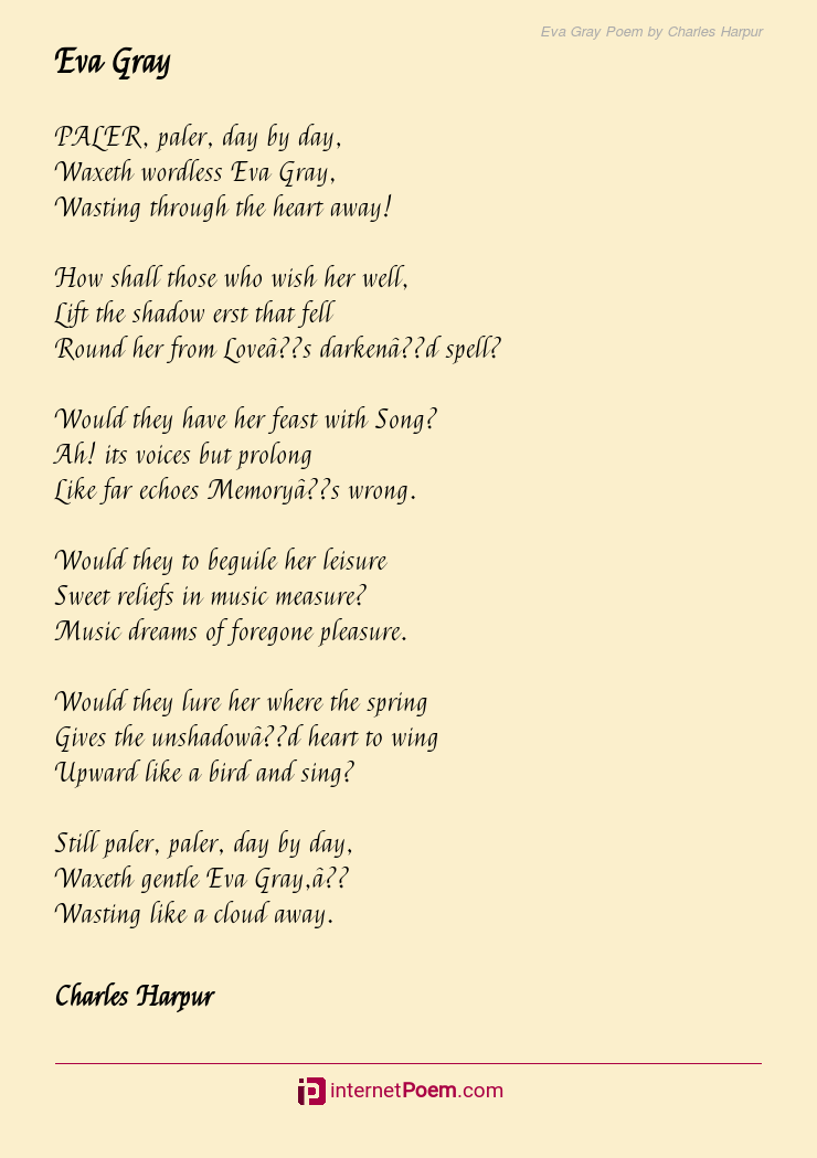 Eva Gray Poem by Charles Harpur