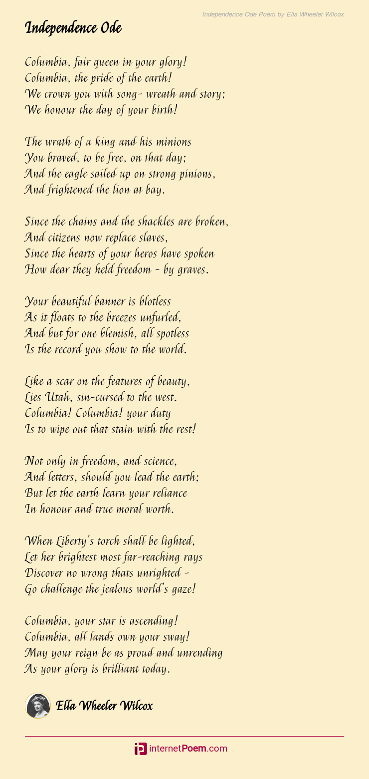 Independence Ode Poem by Ella Wheeler Wilcox