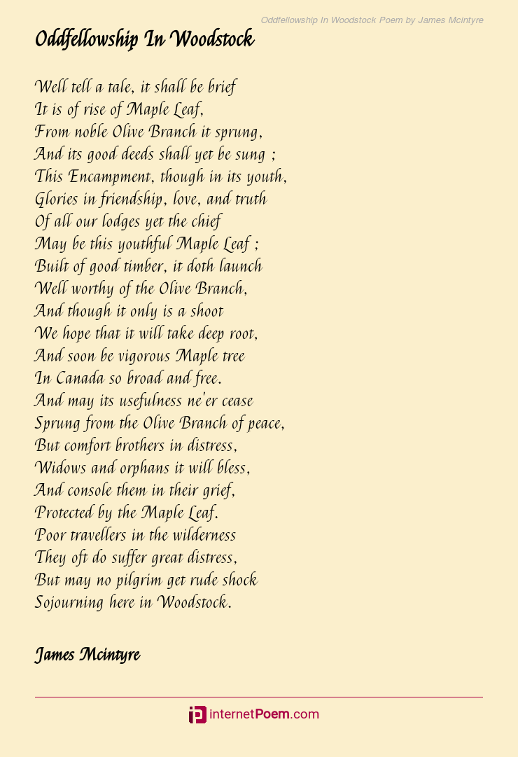Oddfellowship In Woodstock Poem by James Mcintyre