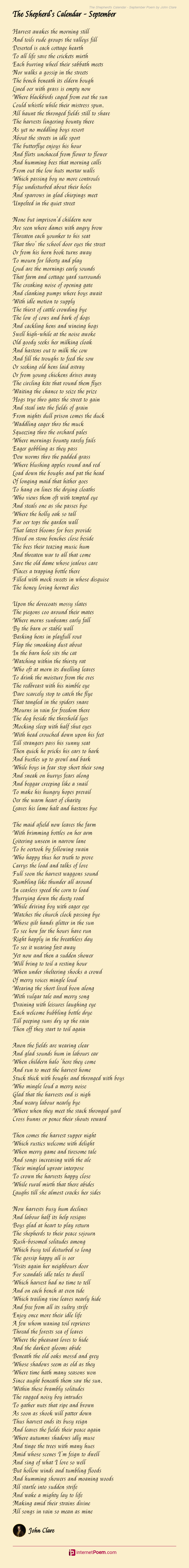 The Shepherd's Calendar - September Poem by John Clare