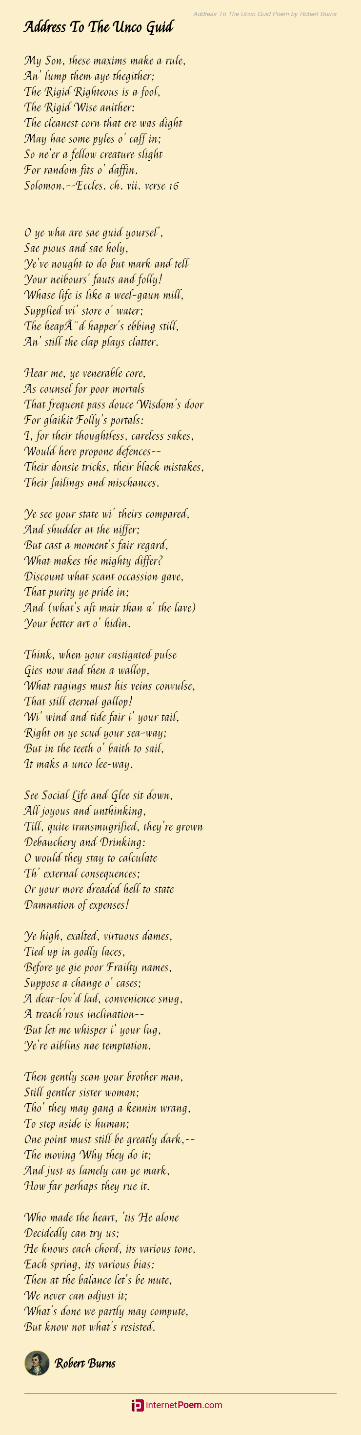 Address To The Unco Guid Poem by Robert Burns