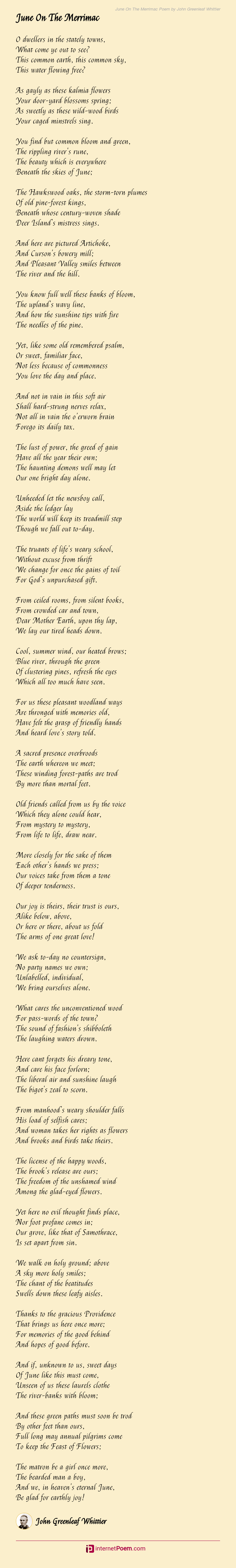 June On The Merrimac Poem by John Greenleaf Whittier