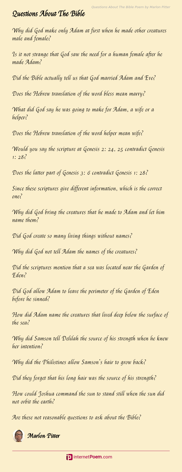 Questions About The Bible Poem by Marlon Pitter