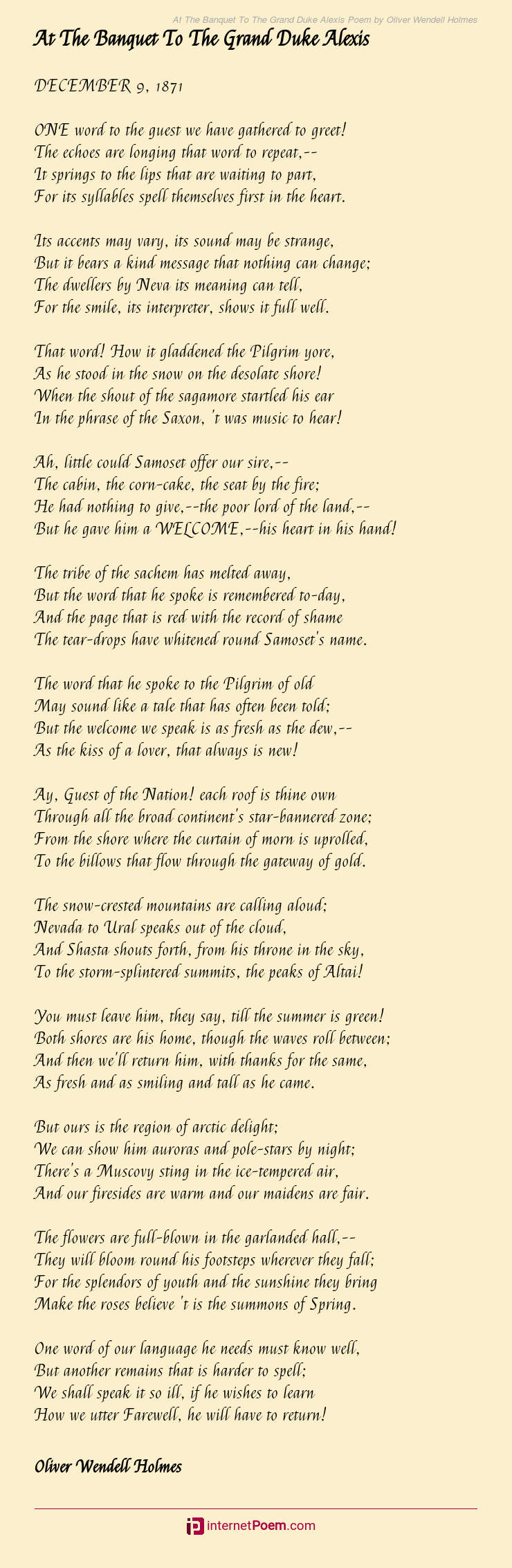 At The Banquet To The Grand Duke Alexis Poem by Oliver Wendell Holmes