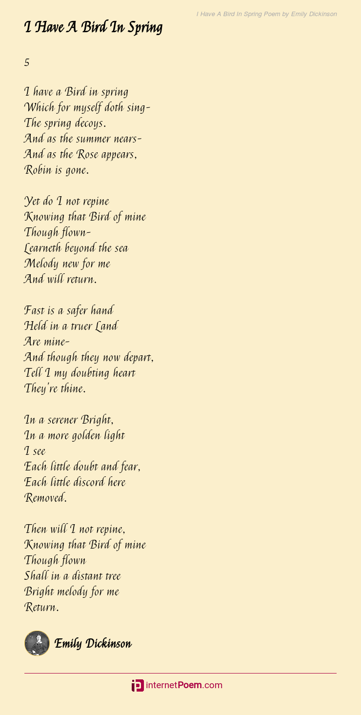 I Have A Bird In Spring Poem by Emily Dickinson