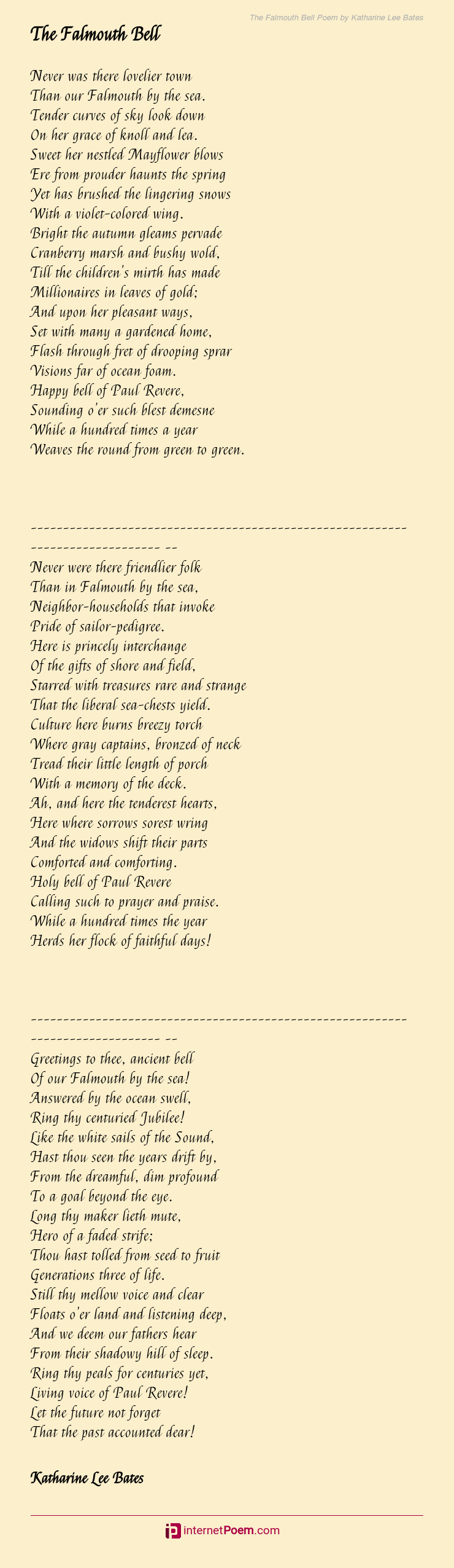 The Falmouth Bell Poem by Katharine Lee Bates