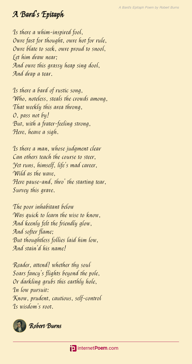 A Bard's Epitaph Poem by Robert Burns