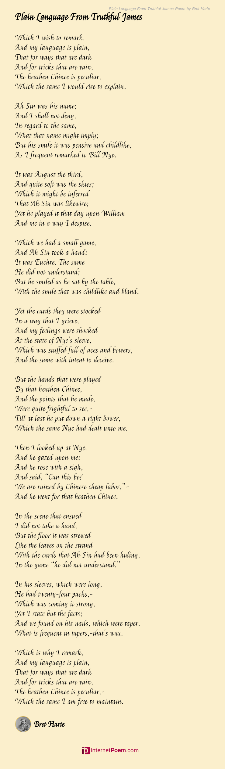 Plain Language From Truthful James Poem by Bret Harte