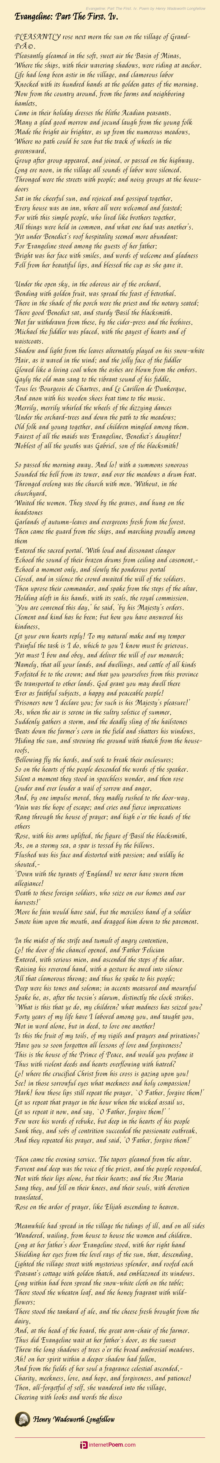 Evangeline: Part The First. Iv. Poem by Henry Wadsworth Longfellow